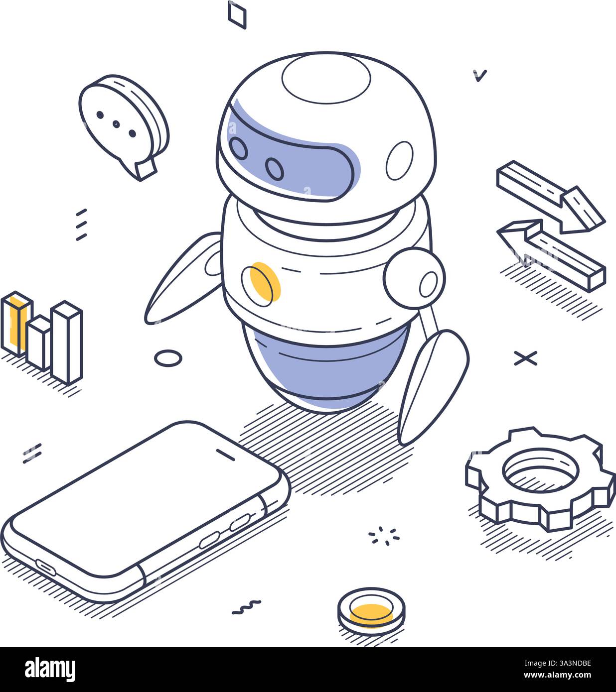 AI chat bot surrounded by symbols like a smartphone, graphs, and ...