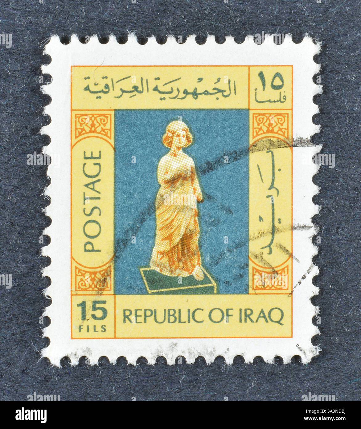 Cancelled postage stamp printed by Iraq, that shows statue of Female ...