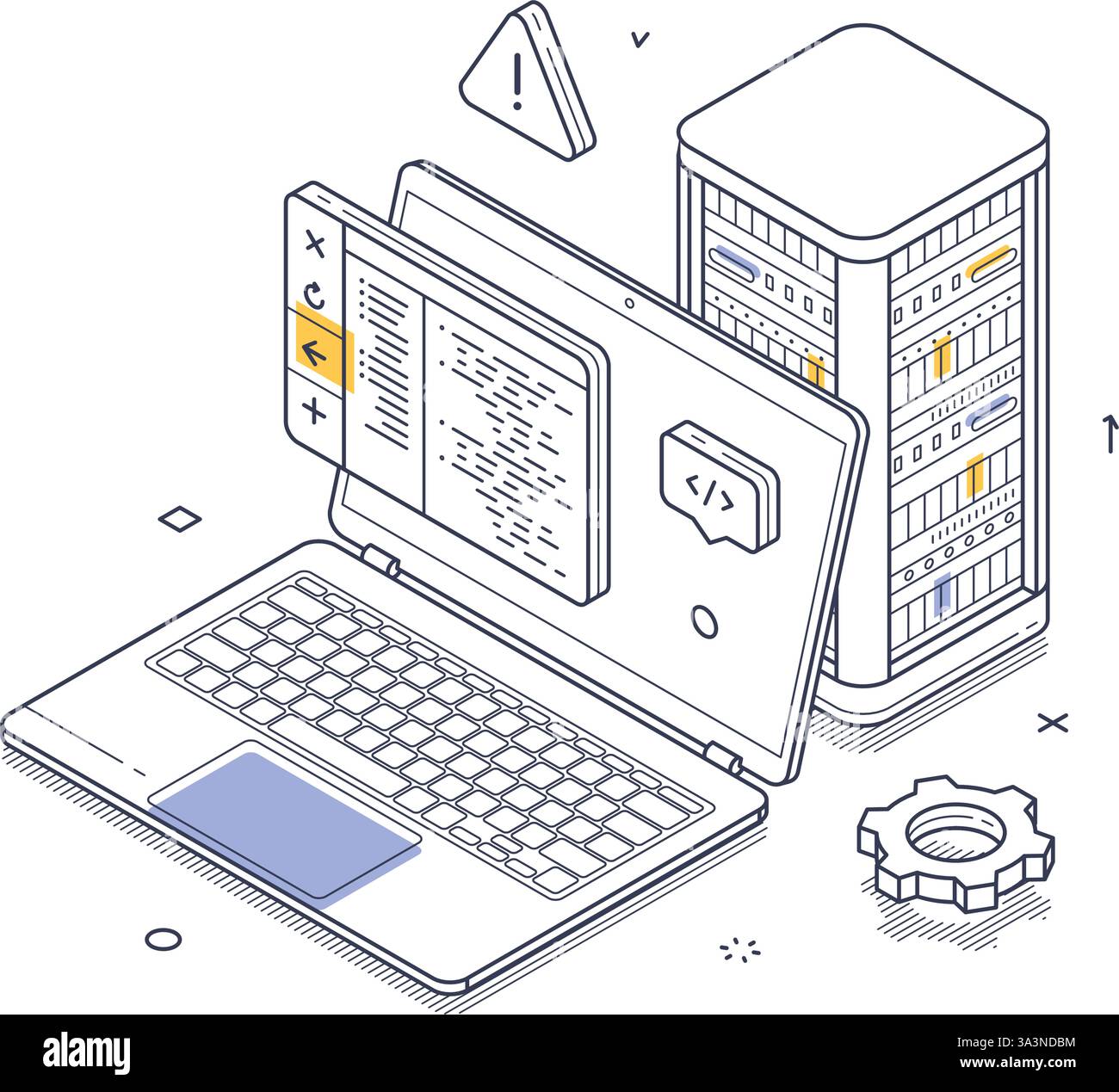 Isometric line art illustrates a laptop and server during a maintenance ...