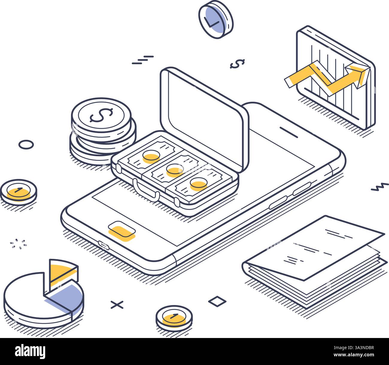 Isometric line art of financial planning, showcasing a smartphone with ...