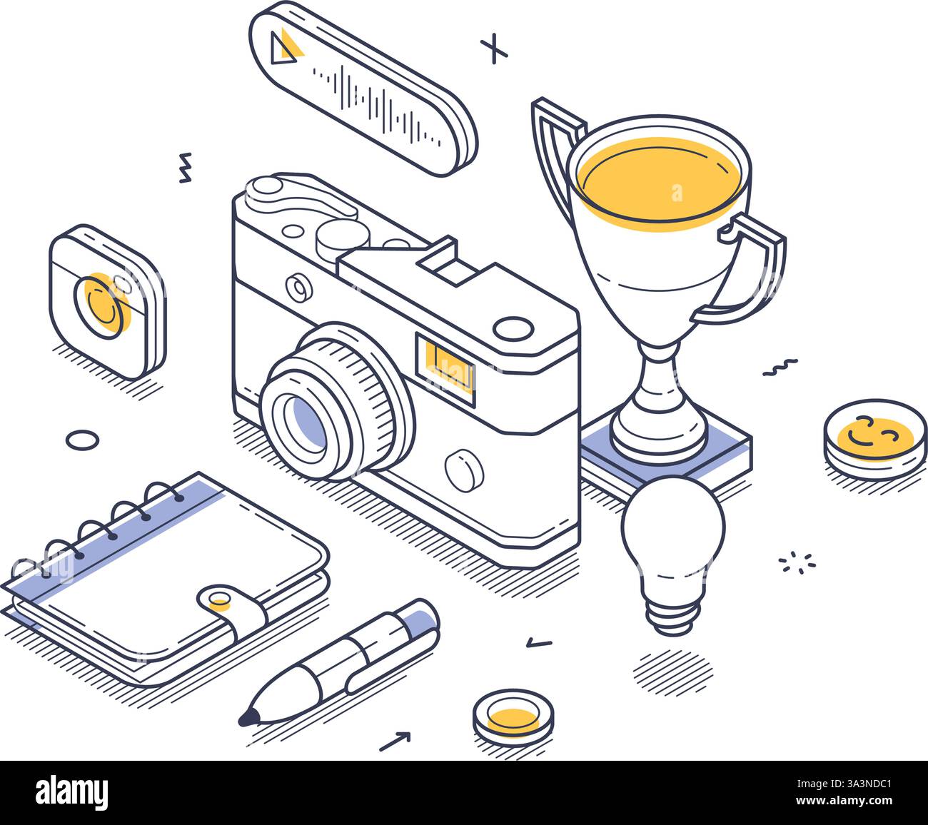 Various elements essential for content creation in isometric line art ...