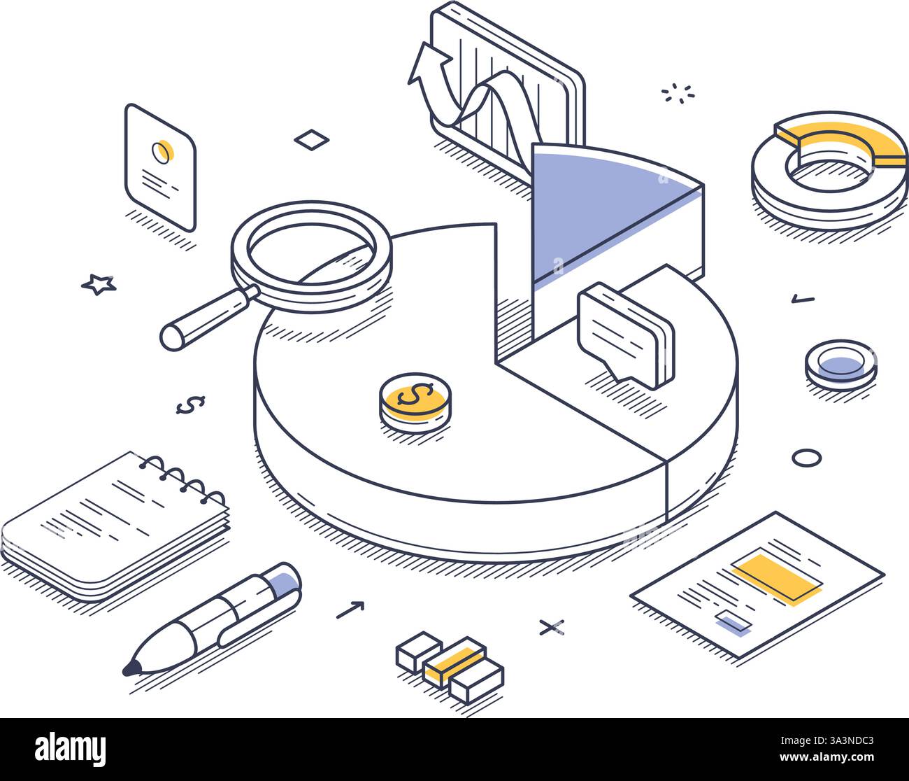 Market analysis through a detailed visualization featuring pie charts, graphs, and tools like a ...