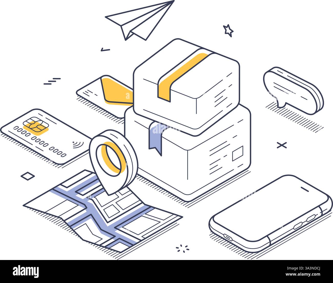 Isometric line art illustration showcases delivery tracking elements ...