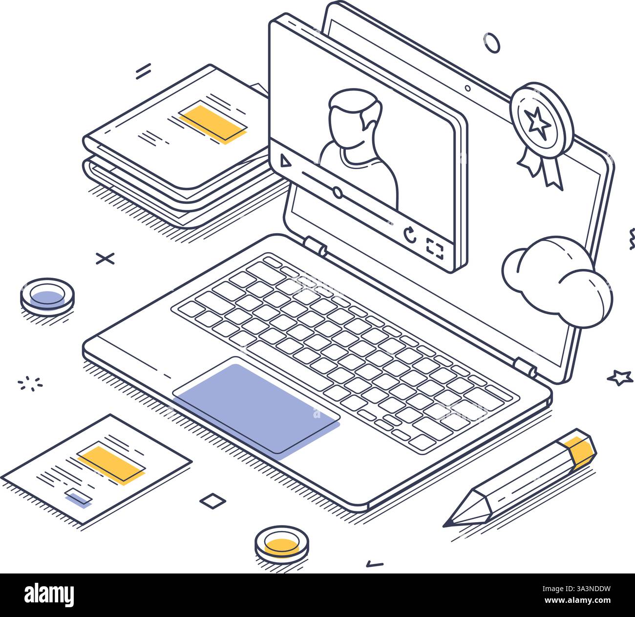 Detailed isometric line art depicts an online education setting featuring a laptop displaying a ...