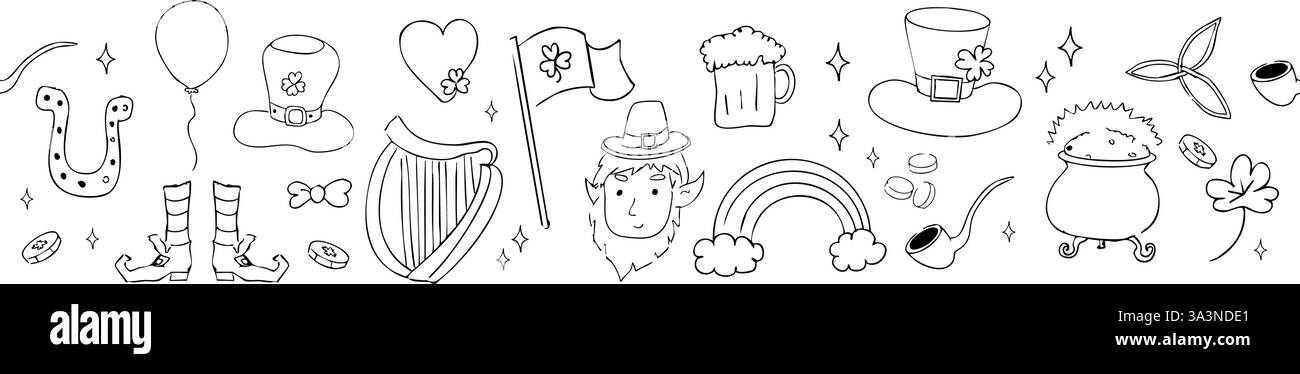 Saint Patrick Day elements decoration doodle border line traditional ...