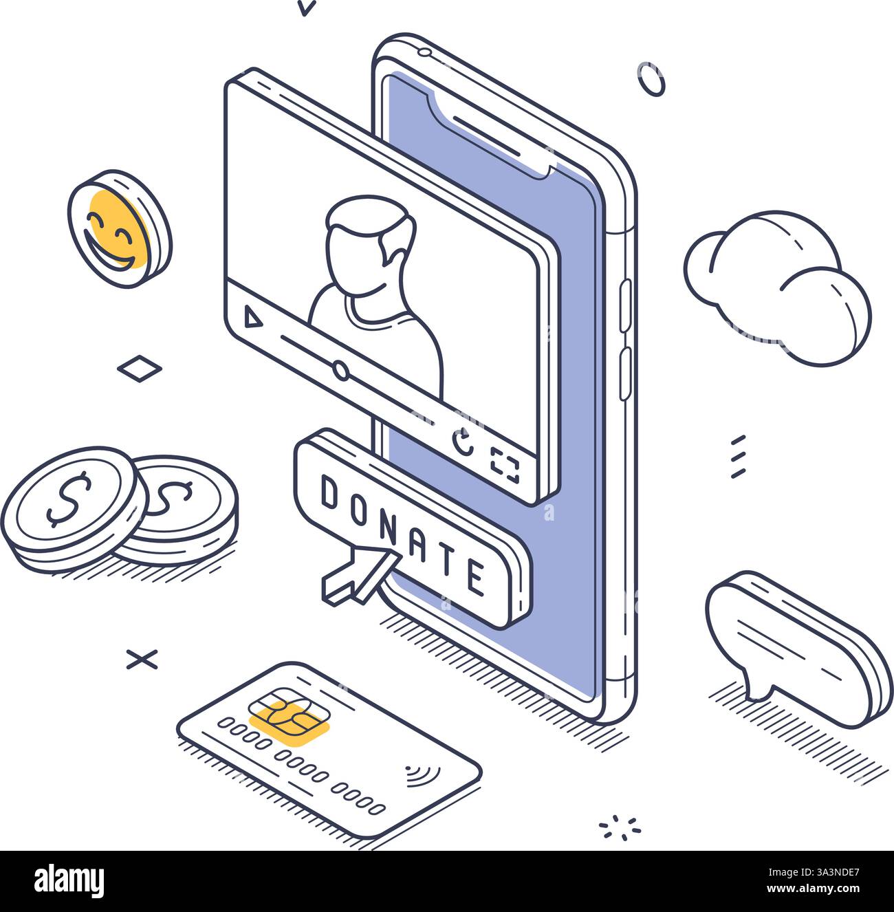 Isometric line art showcasing a smartphone with a donation interface ...