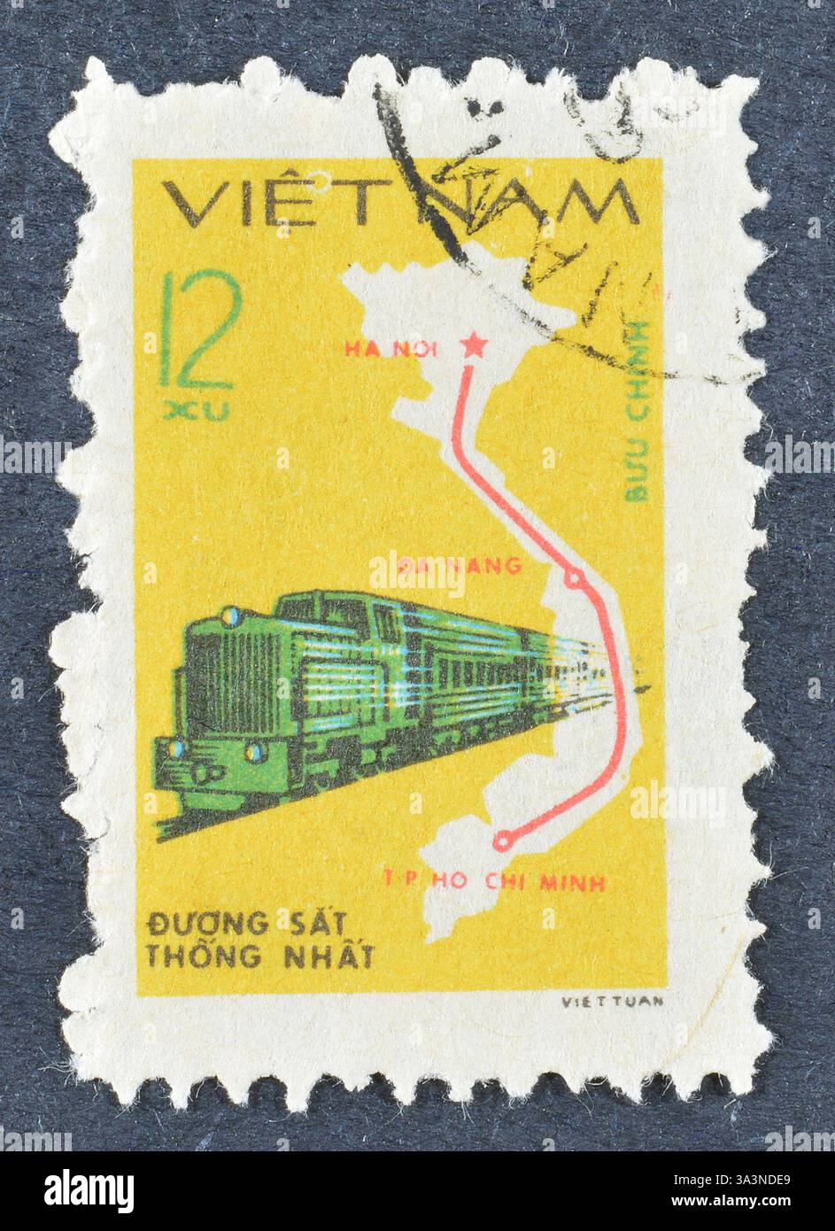 Cancelled postage stamp printed by Vietnam, that shows Train And ...
