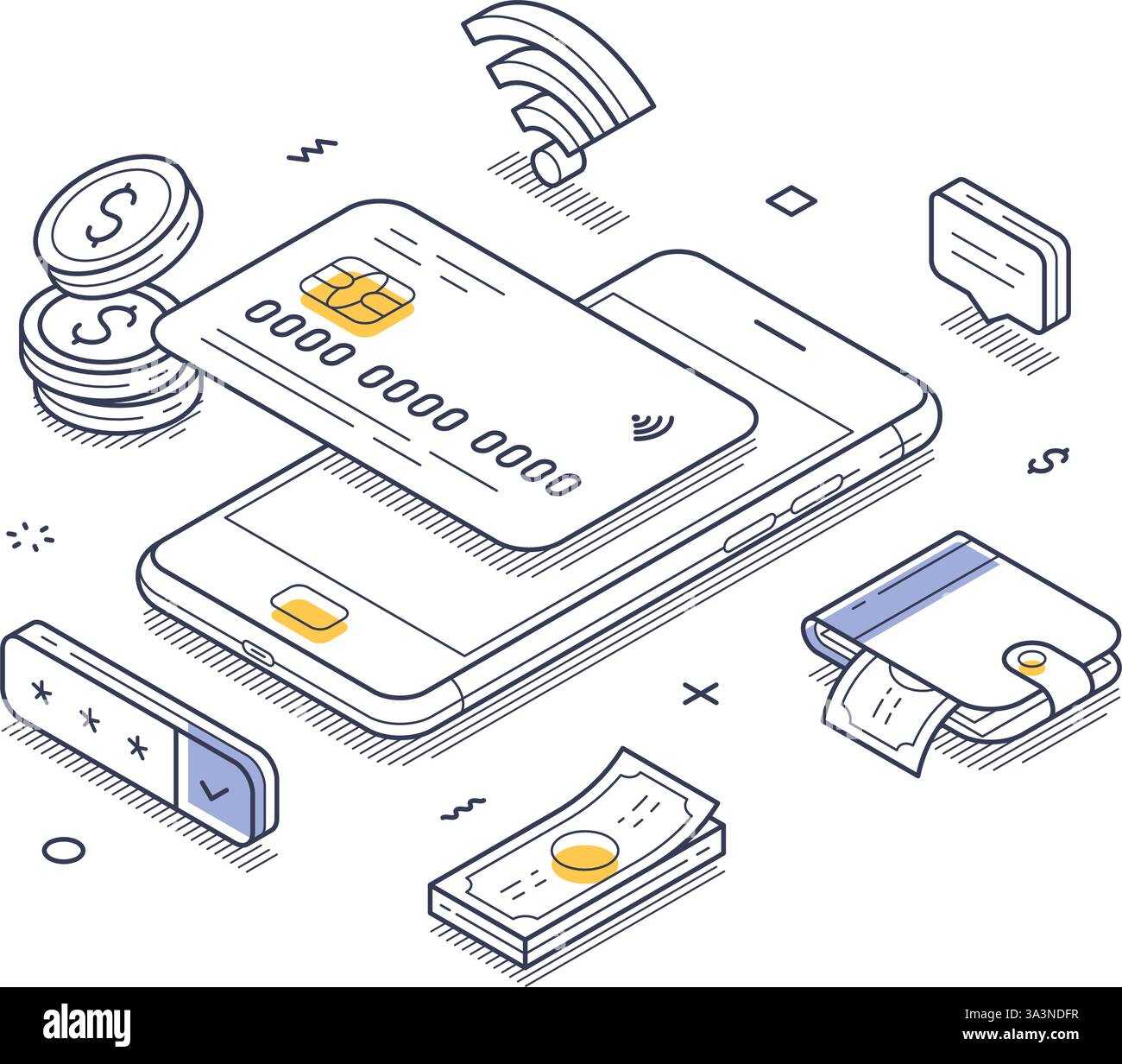 Isometric line art depiction of an online wallet with a smartphone ...