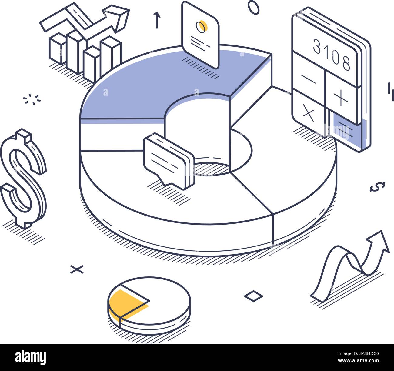 Various elements of business statistics are showcased in an isometric line art style. These ...