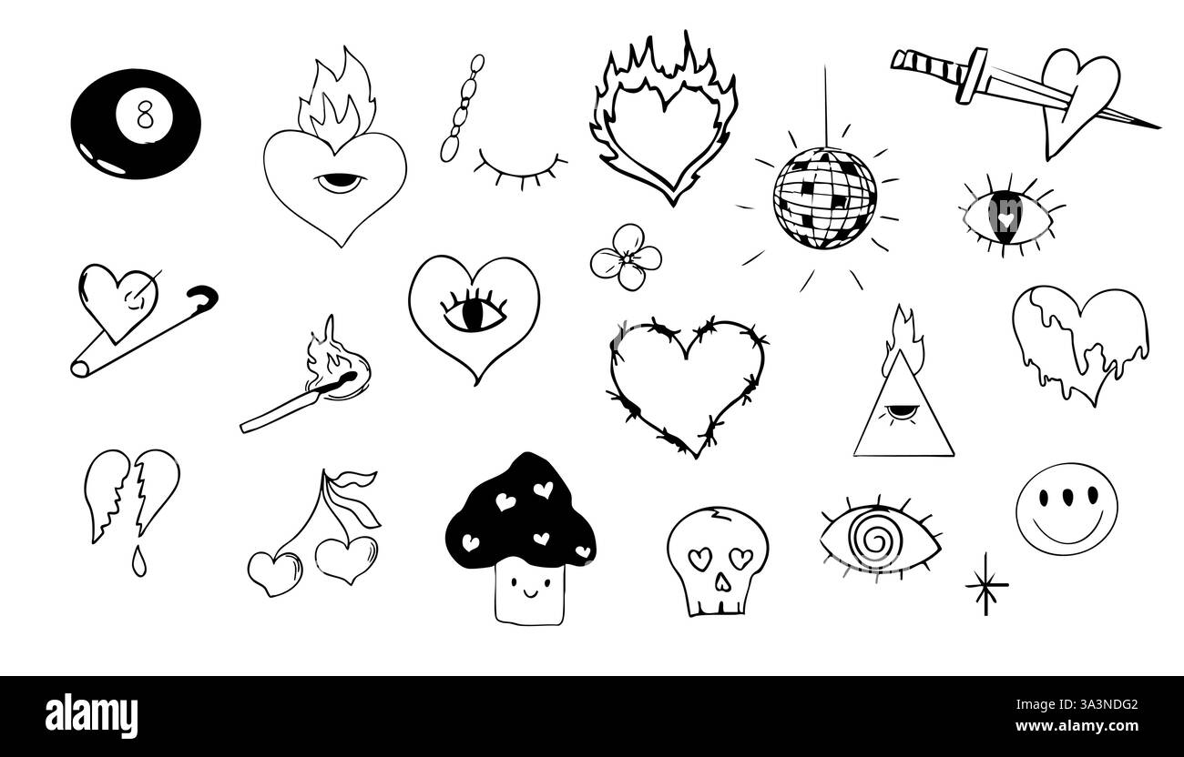 Psychedelic doodle heart barbed wire, with fire and eye, graffiti ...