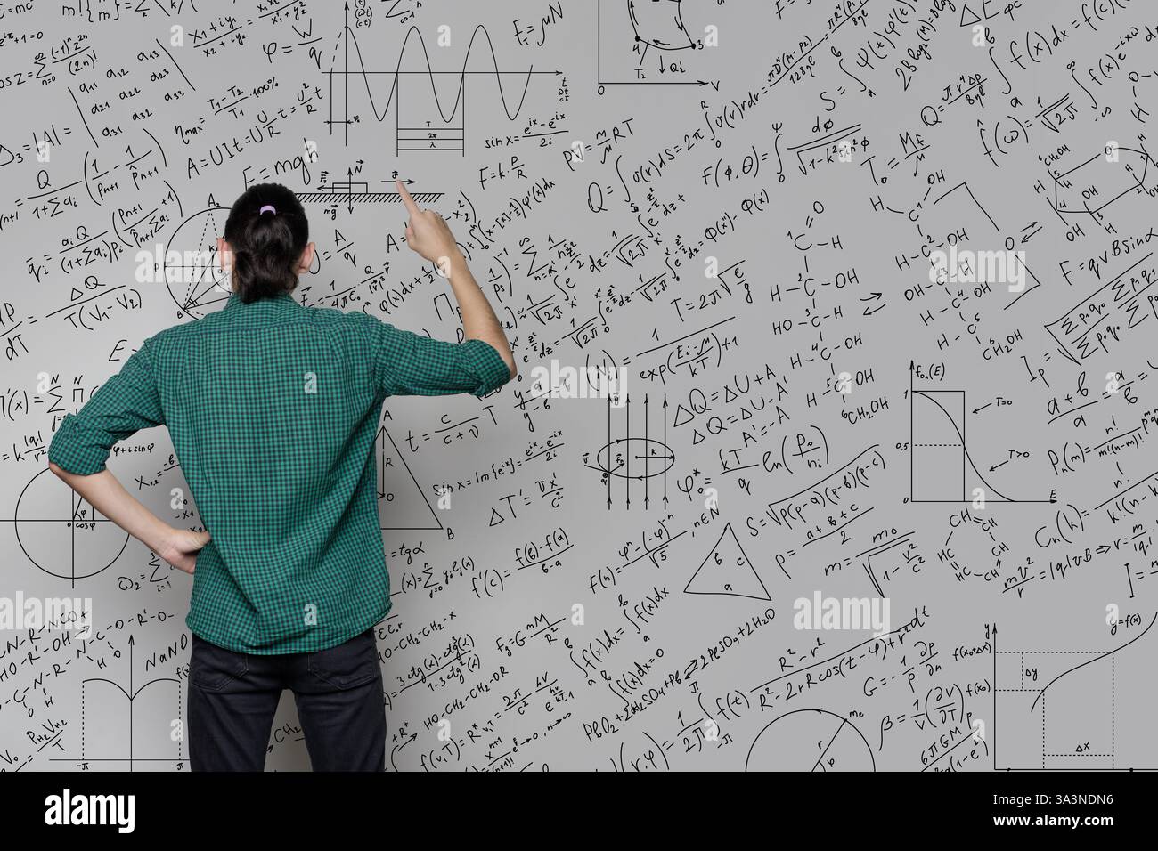 A woman is standing near a wall with a drawing of mathematical ...