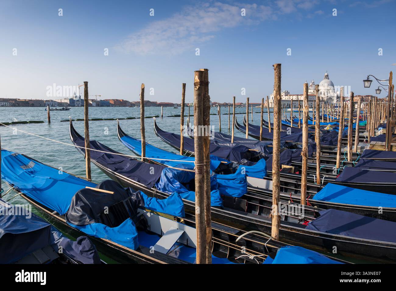 Row of Gondolas in the Venetian Lagoon, traditional rowing boats in ...