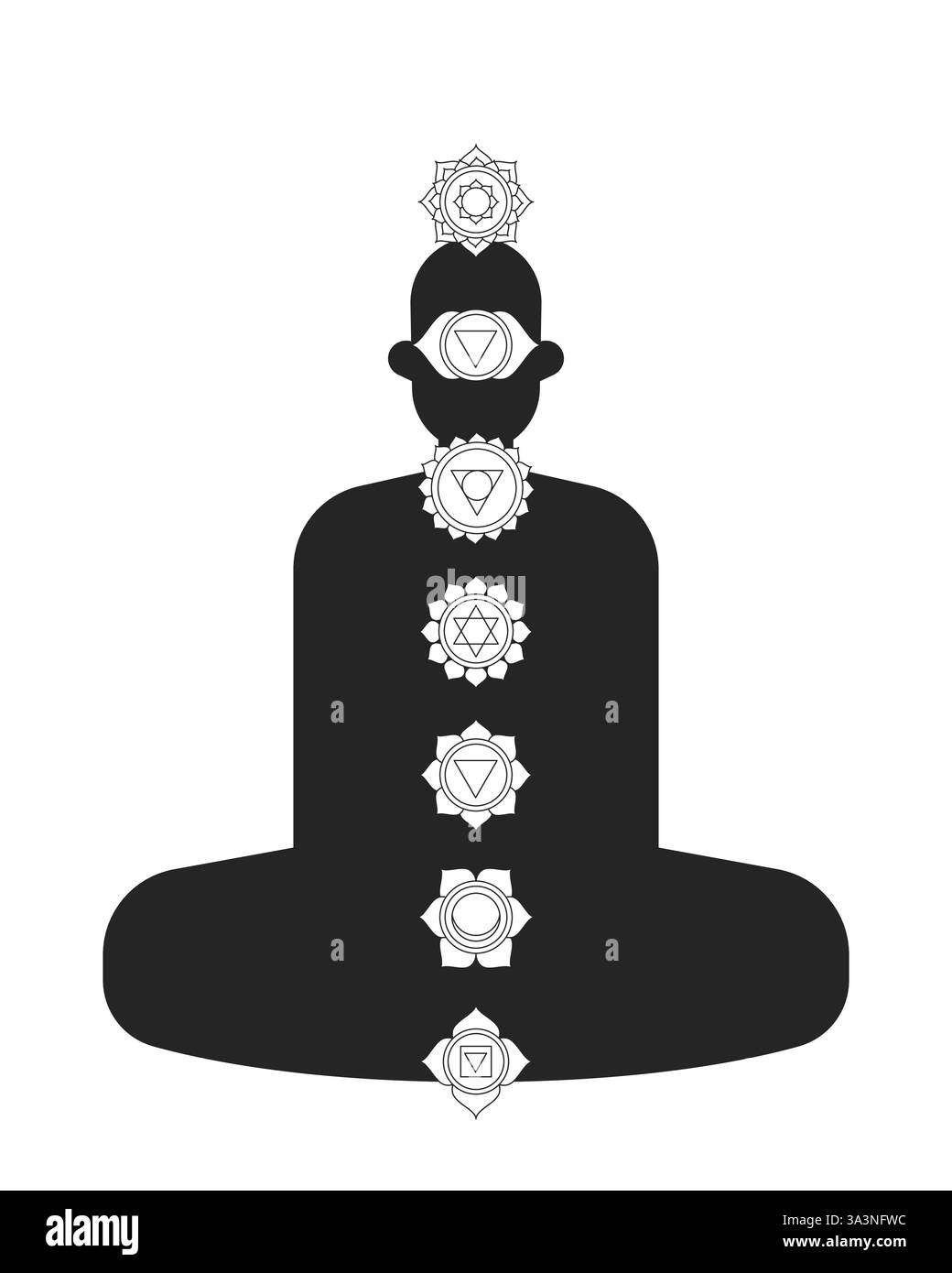 Chakra alignment on meditating human silhouette 2D line object Stock ...