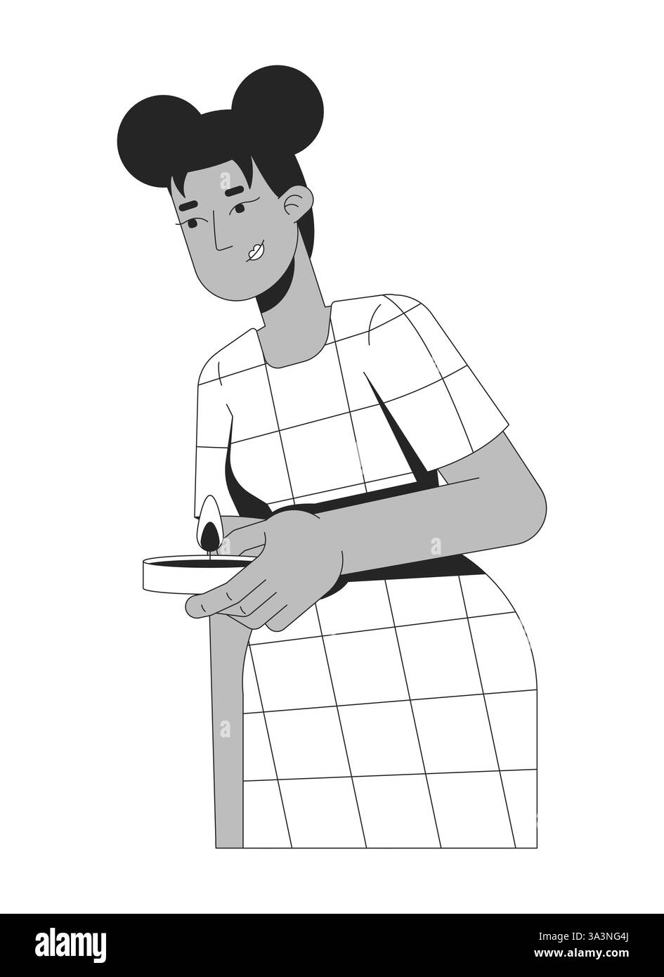 Black woman in checkered dress holding lit candle 2D line character ...