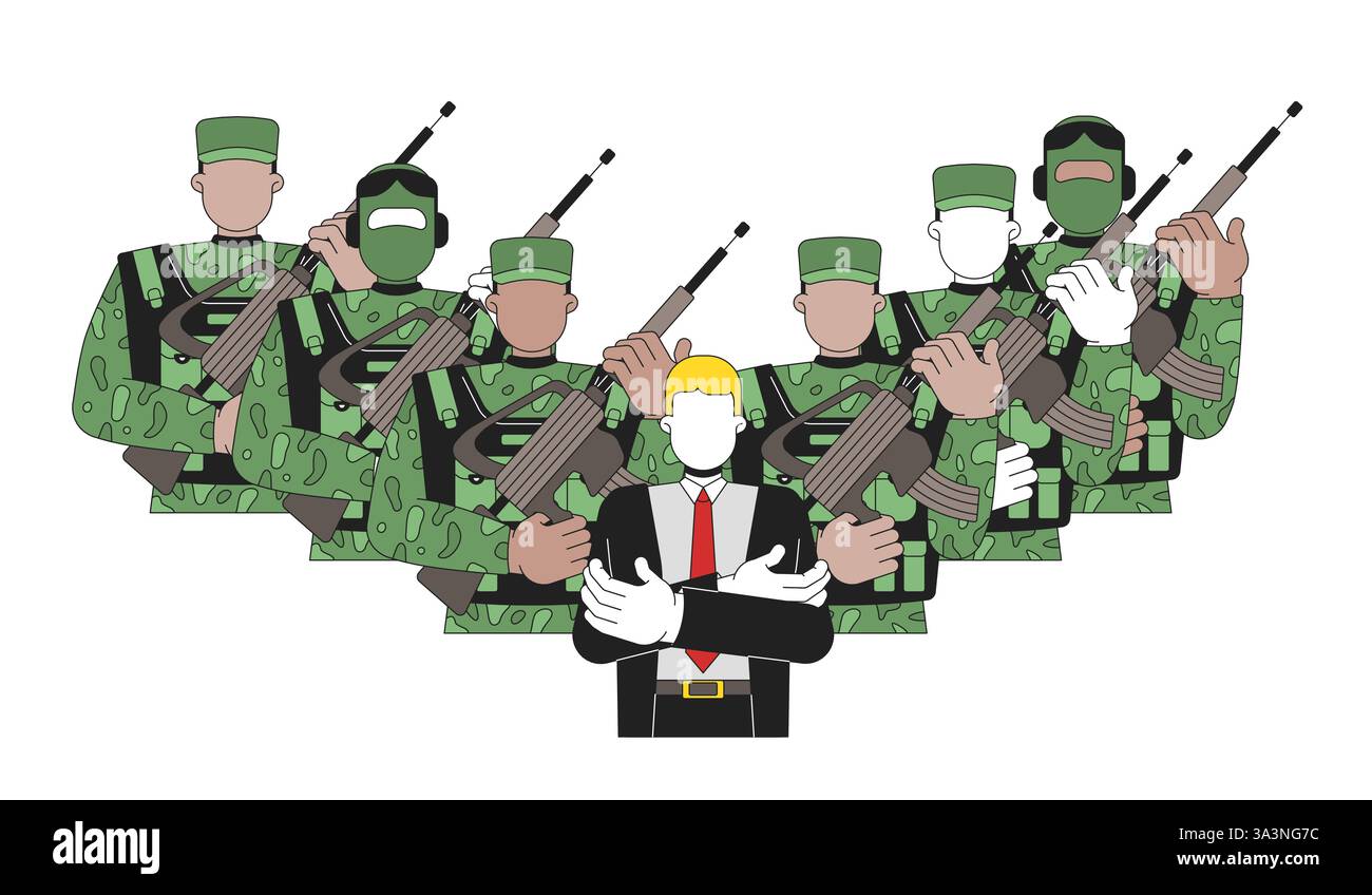 Military dictatorship and political control 2D illustration concept ...