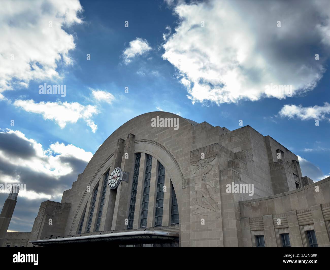 Cincinnati Union Terminal's Art Deco facade with clock and carvings ...