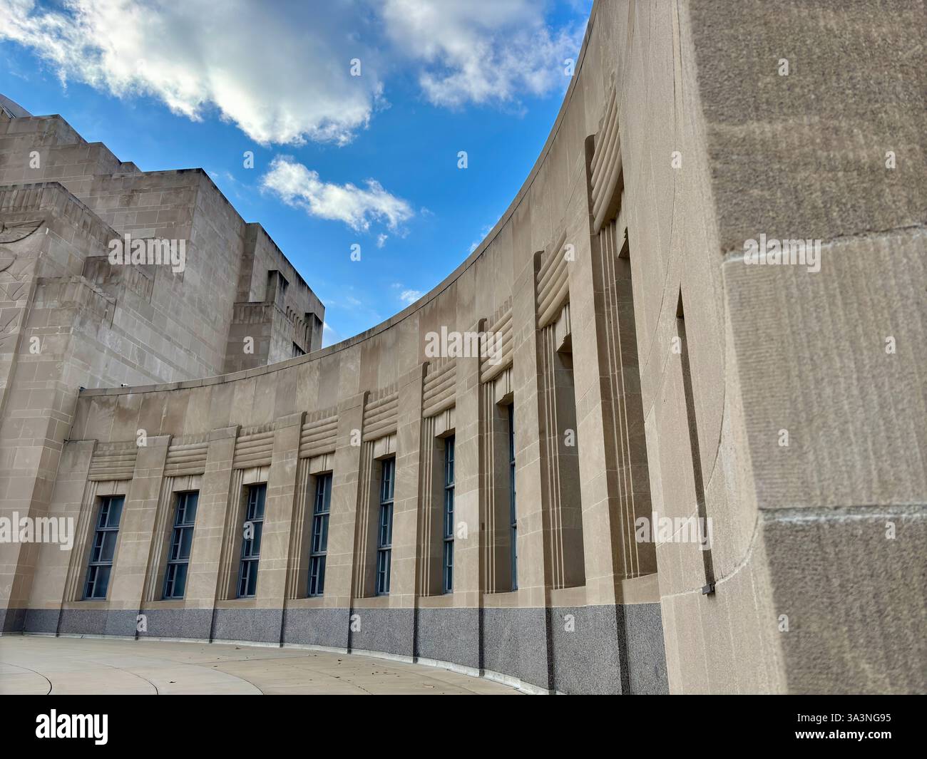 Curved stone facade of Cincinnati Union Terminal with Art Deco detail ...
