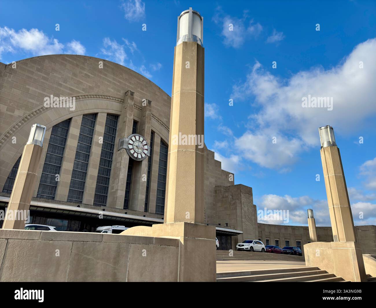 Union Terminal in Cincinnati with Art Deco design, clock, and towers ...
