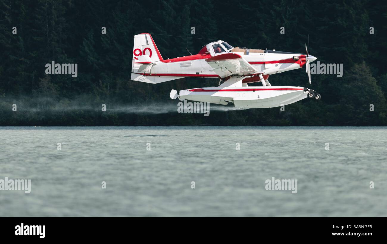 Forest firefighting plane skims a lake to collect water Stock Photo - Alamy