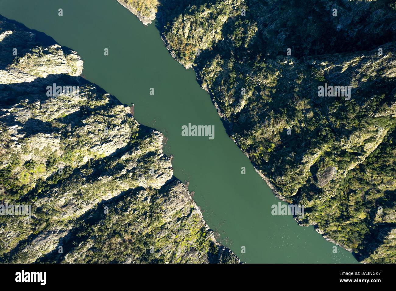 Aerial top view of the Sil river canyon in the Ribeira Sacra. Galicia ...