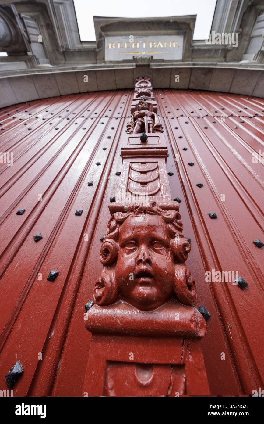 Figures on the door of the moated castle, Turnhout, Flanders, Belgium ...