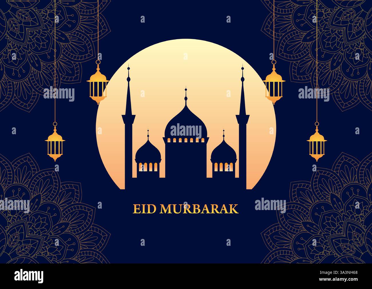 Decorative Eid Murbarak background with mosque silhouette and hanging ...