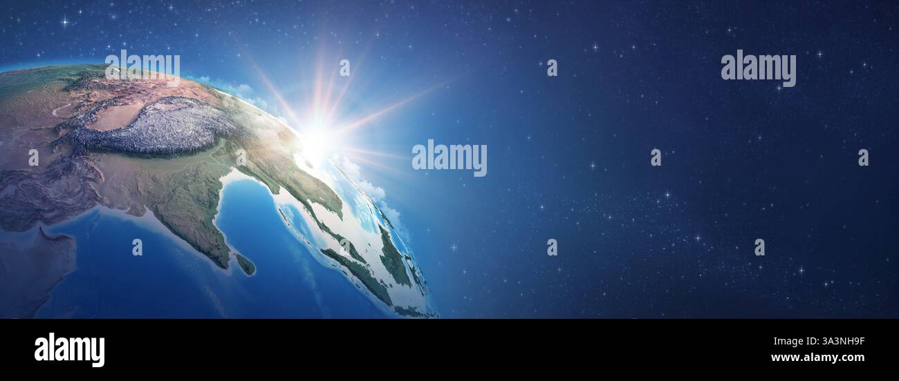Sunrise on detailed satellite cartography of Earth globe, South East ...