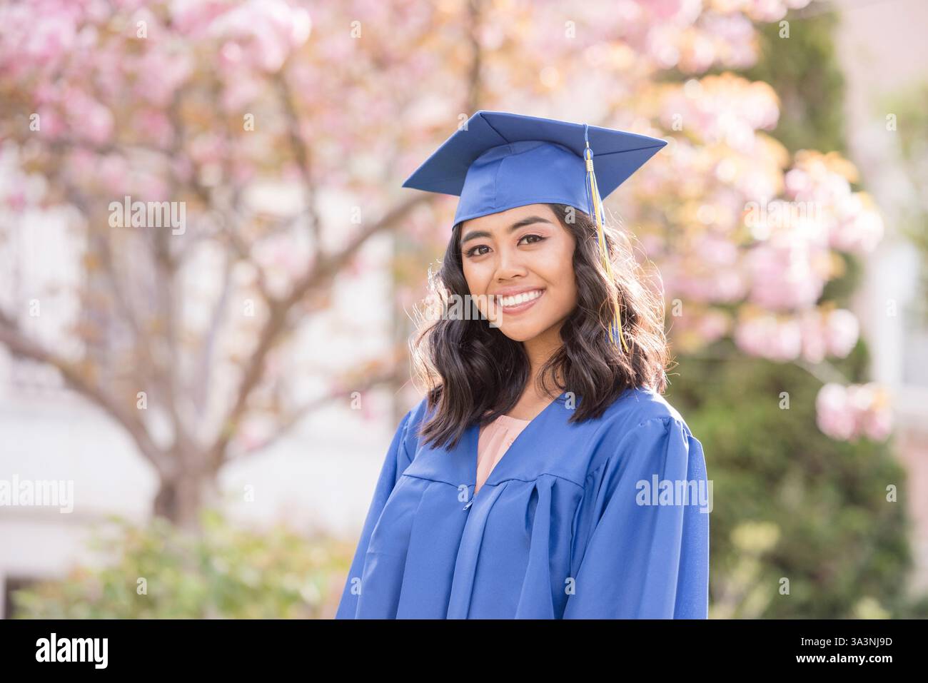 Joyful graduate smiles brightly beneath blooming cherry blossoms Stock ...