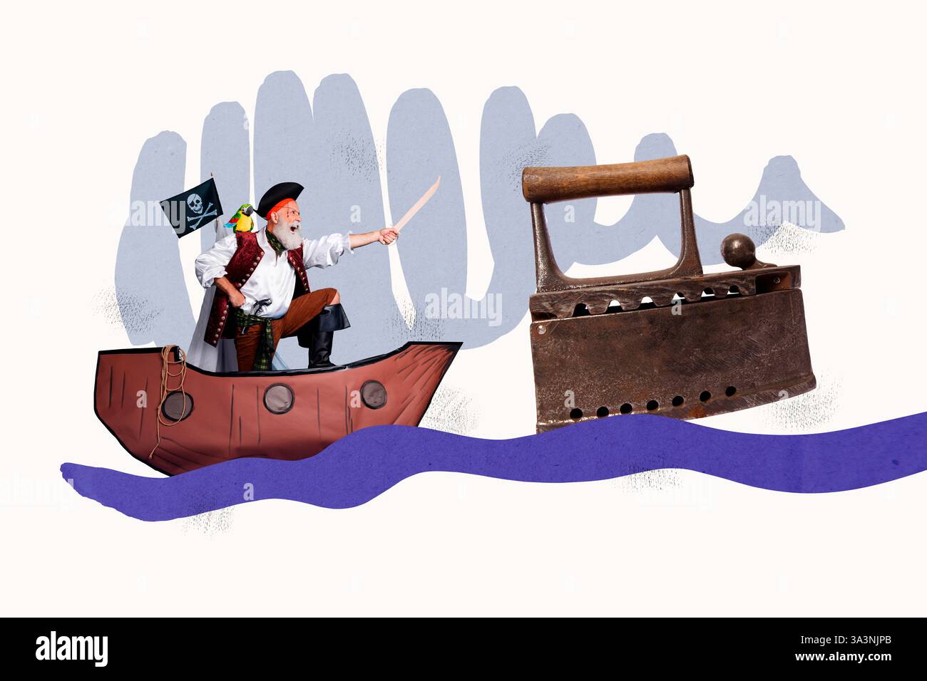 Composite art 3d image collage of angry man mariner pirate stand ship ...