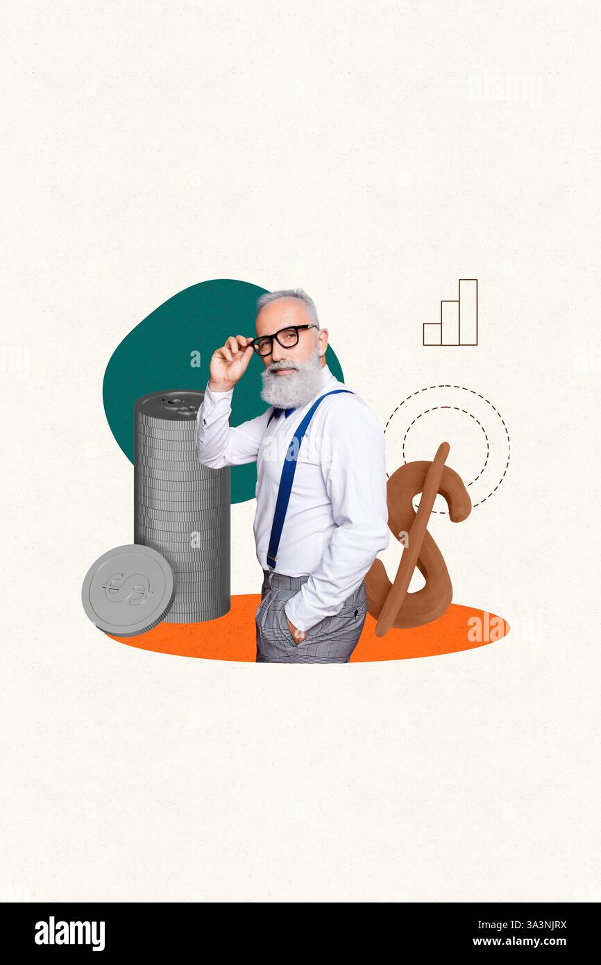 Abstract poster collage of business man rich look over background with ...