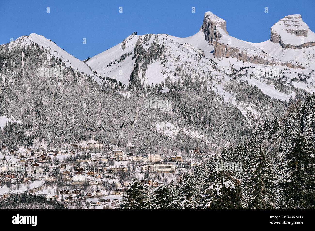 The mountainous village and ski station of Leysin in the Swiss Alps in ...