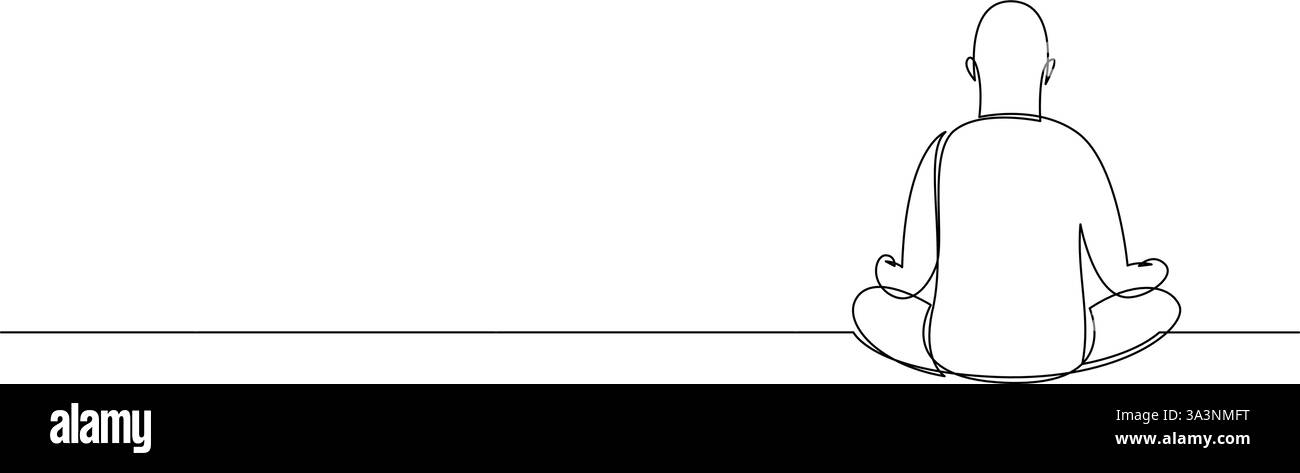 Meditating man in lotus yoga pose, back view. Continuous one line ...