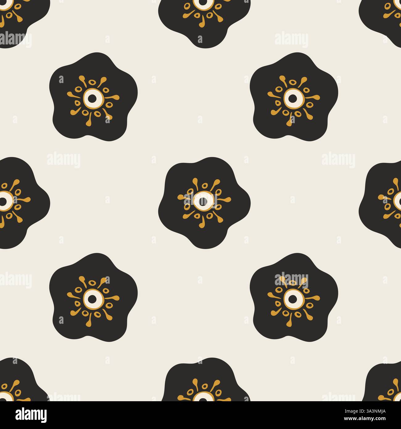 Pattern dark flowers, doodle drawing stylized flowers with gold stamens ...