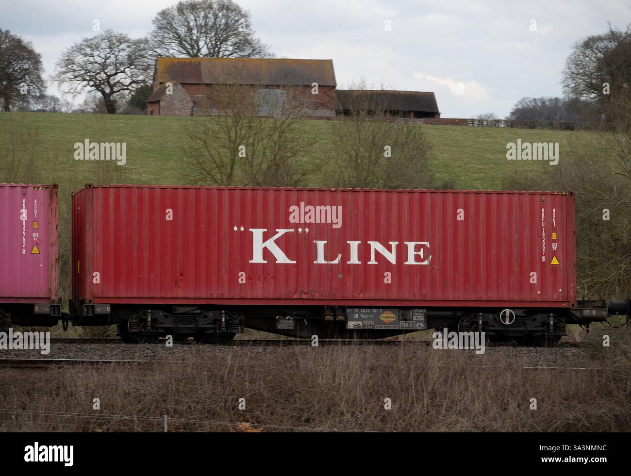 K Line container on a freightliner train, Warwickshire, UK Stock Photo ...