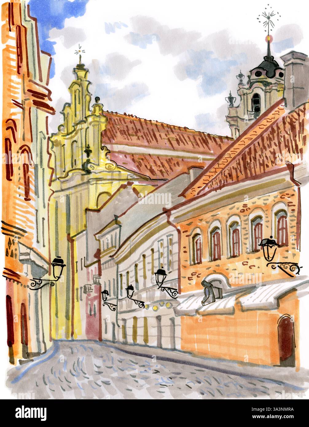 Pilies street and Church of St Johns in Vilnius old town. Hand drawn ...