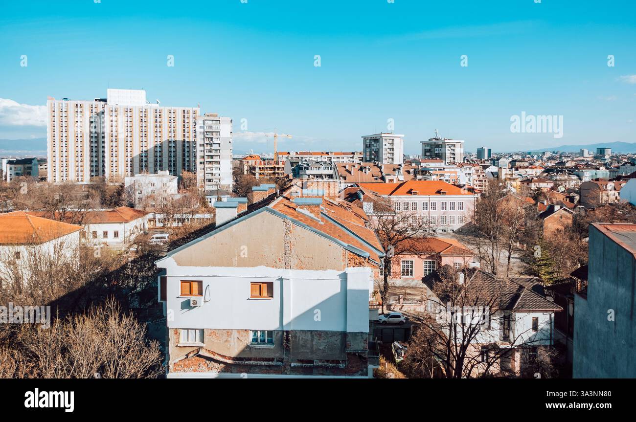 Aerial panorama view of Sofia, Bulgaria with Vitosha Mountain in the ...