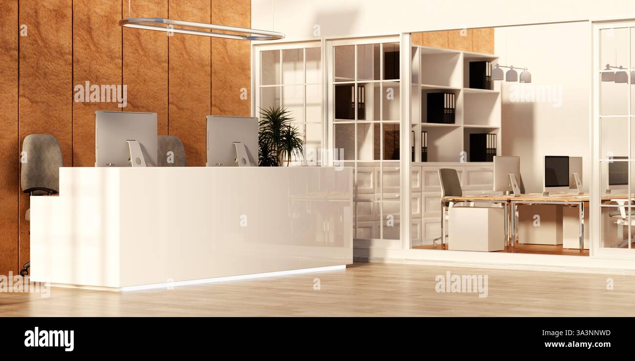 Contemporary Reception Area with Stylish Desk, 3D render illustration ...