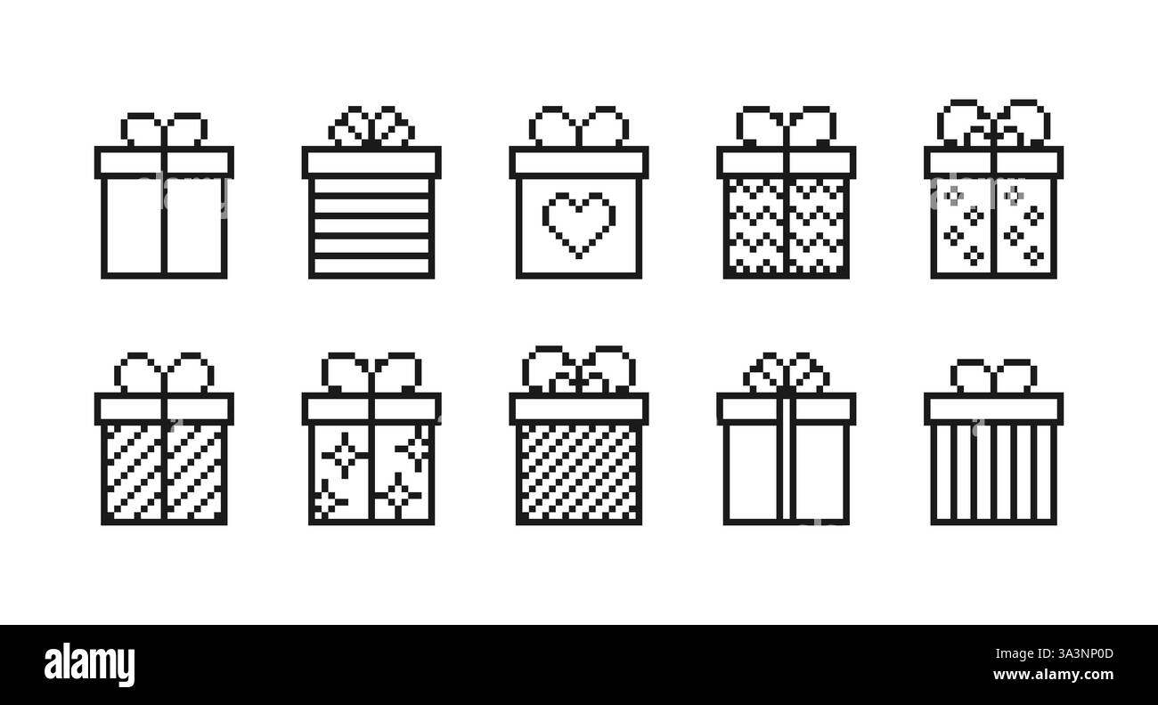 Set of pixel art gift box icons. Present packages elements isolated on ...