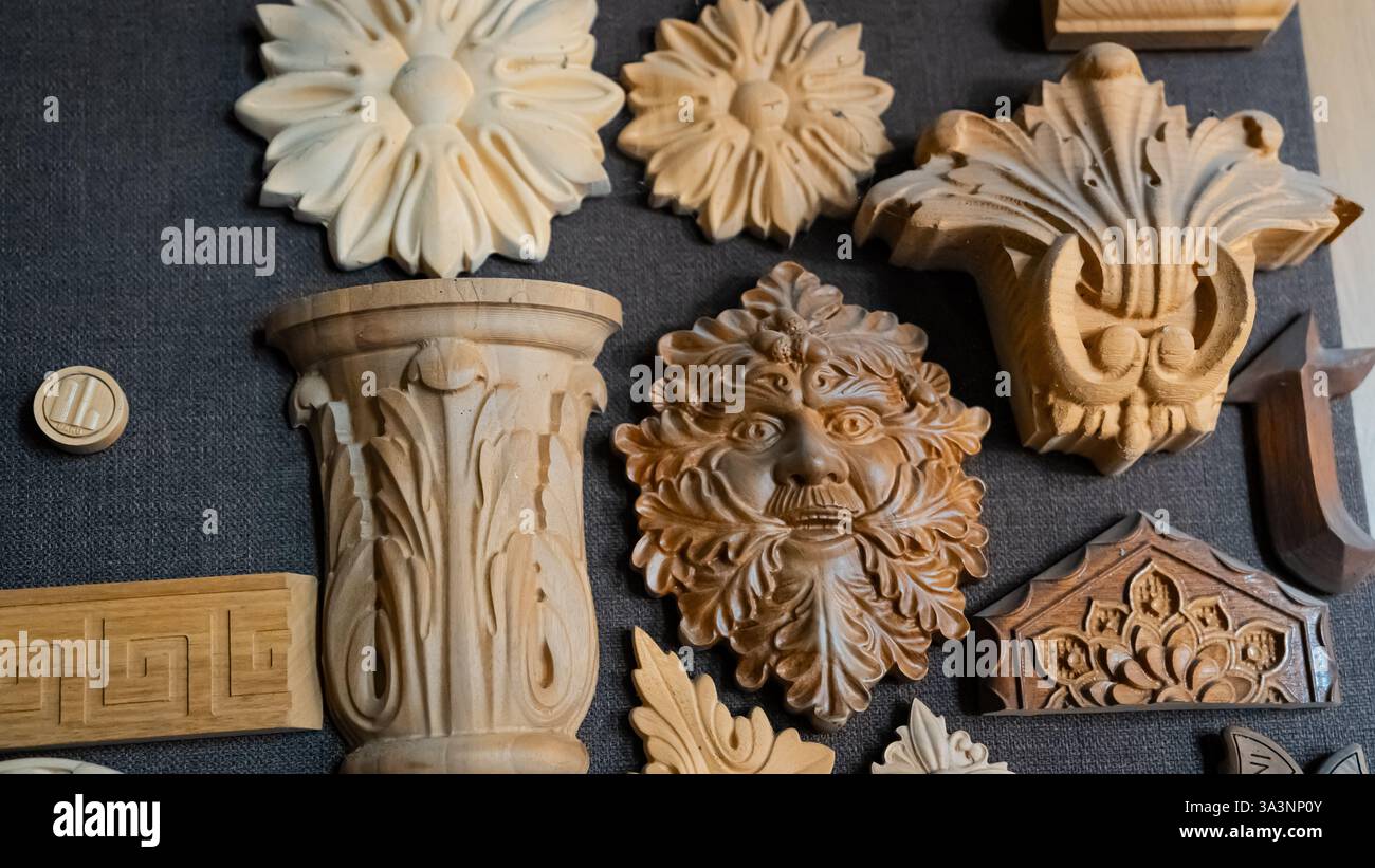 carving element. furniture in classic style. white color wood with gold ...