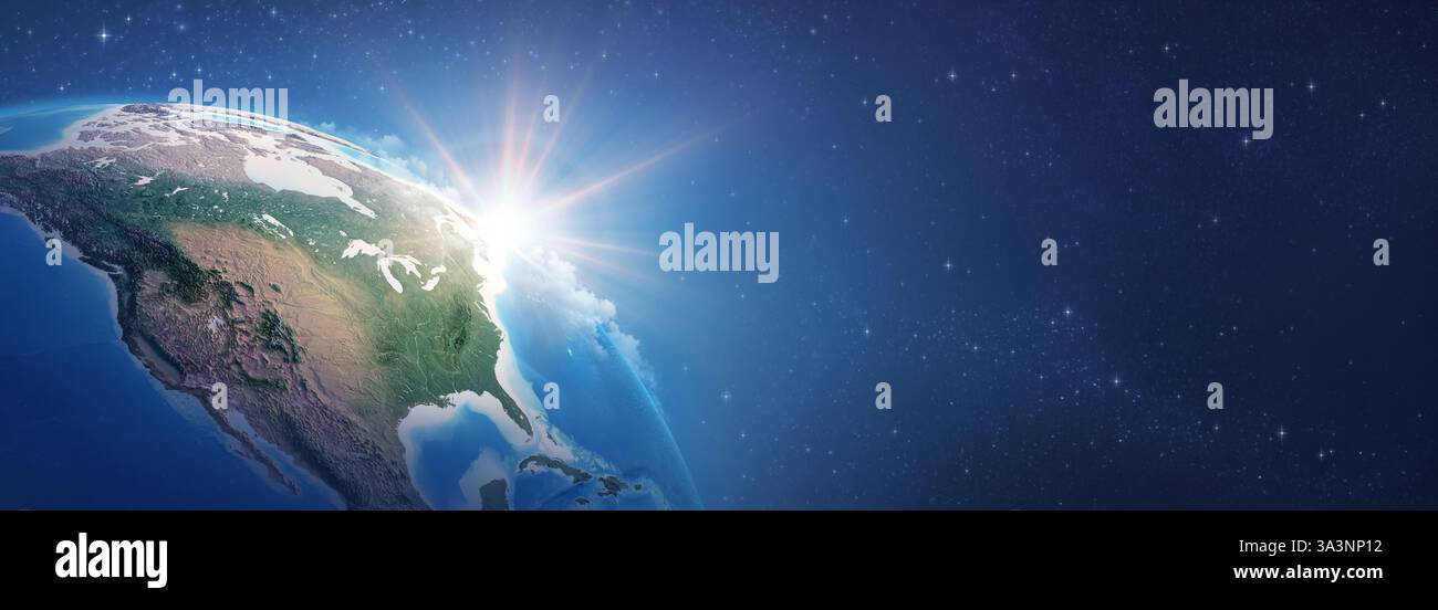 Sunrise on detailed satellite cartography of Earth globe, North America ...