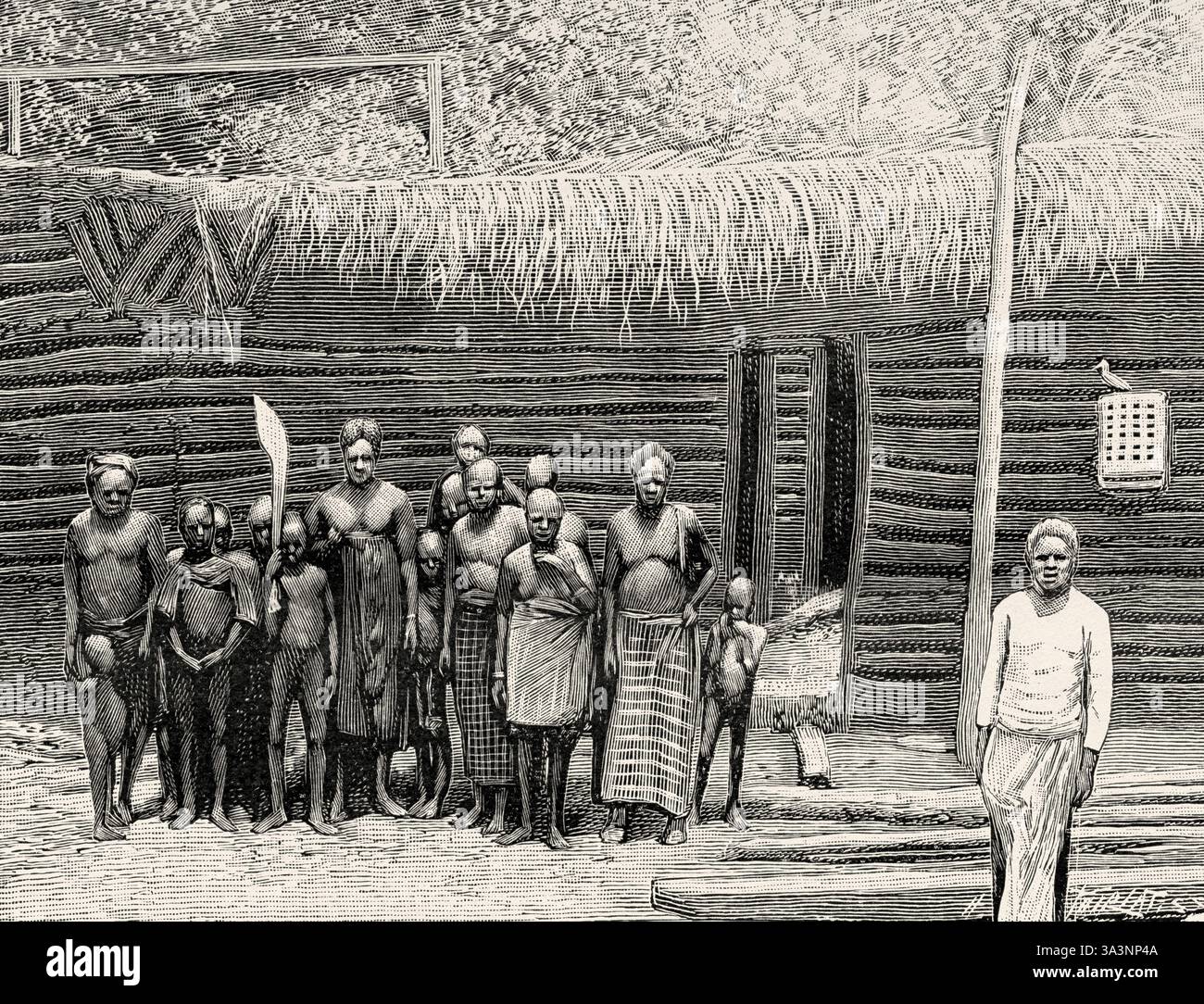 Traditional house and native inhabitants of Benin. Old 19th century ...
