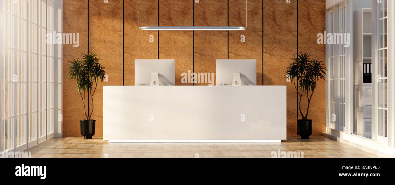 Elegant Reception Area with Minimalist Desk Setup, 3D render ...