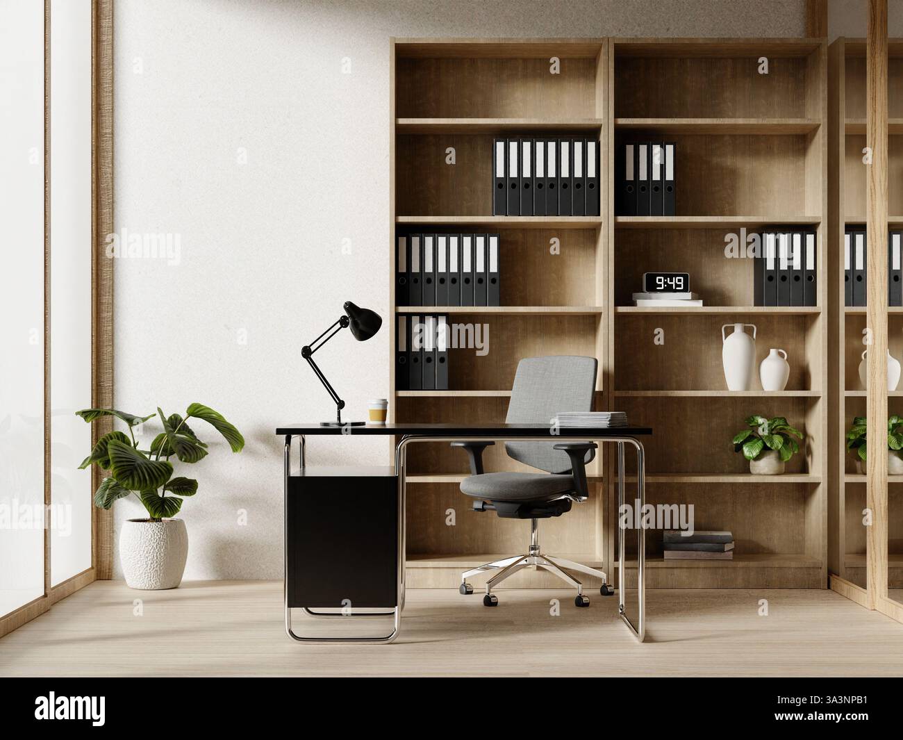 Cozy office design featuring a stylish black desk and serene decor, 3D ...