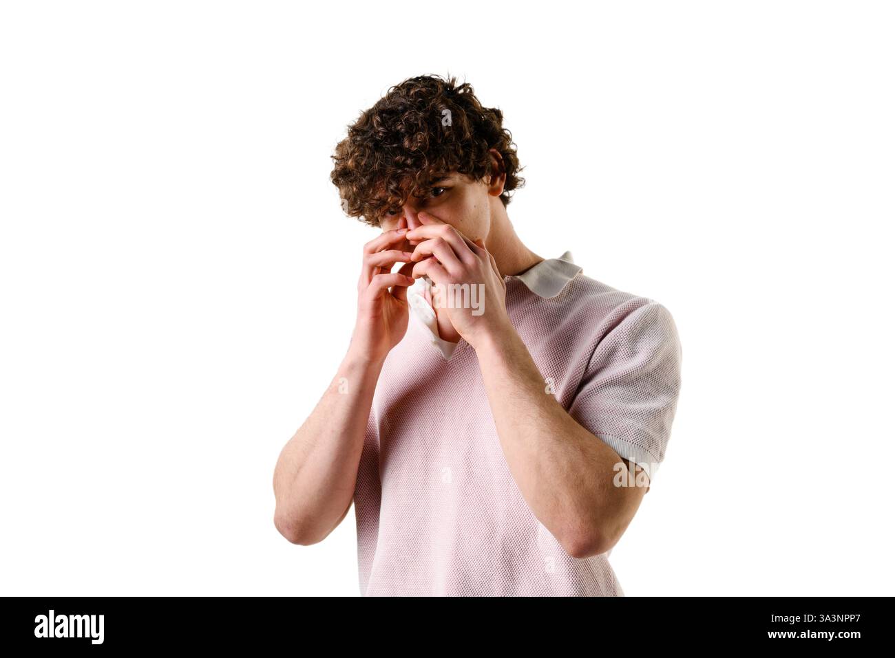 Nose irritation caused by allergies. Suffering symptoms of allergic ...