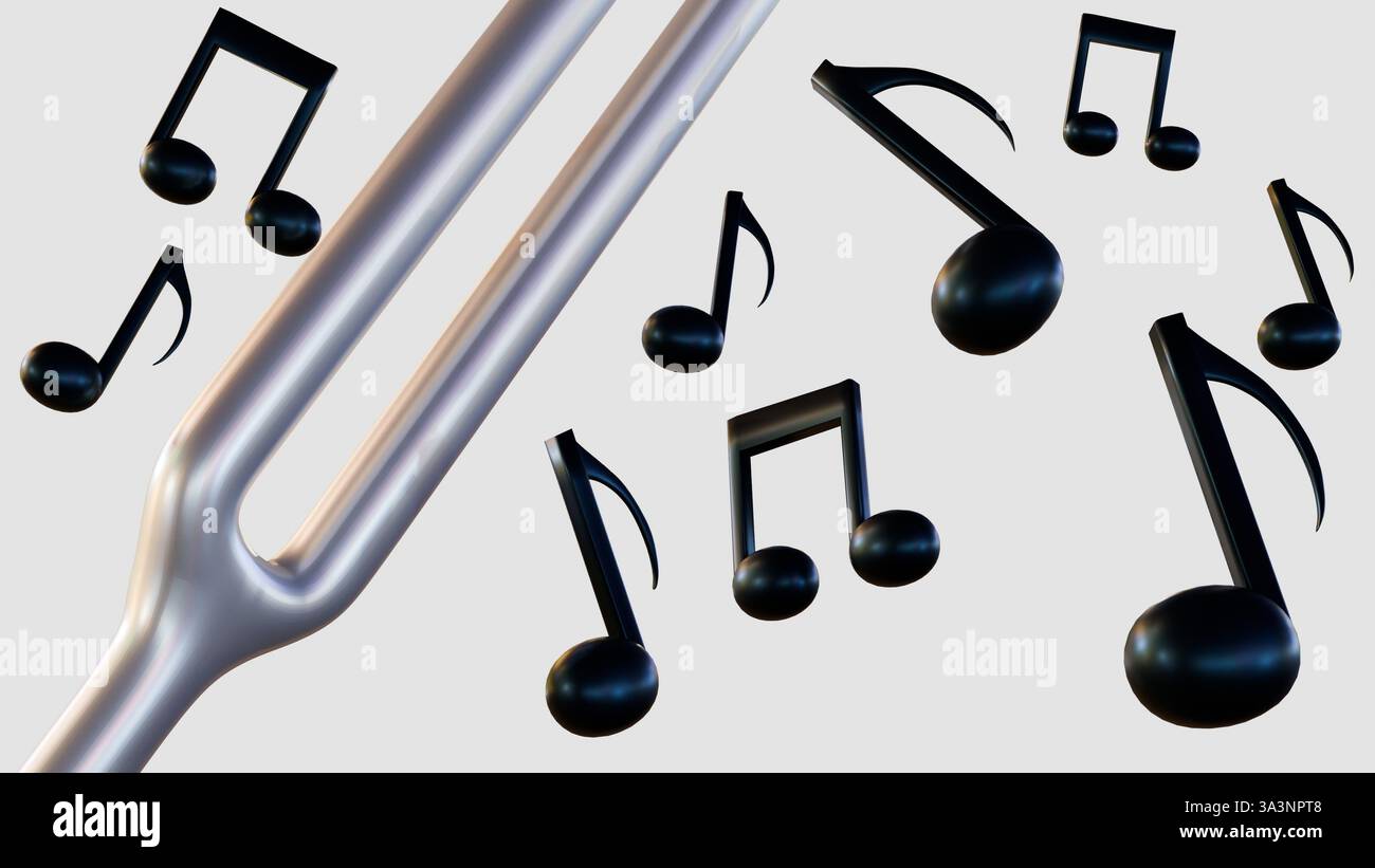 A 3d rendering of tuning fork and floating black musical notes in the ...