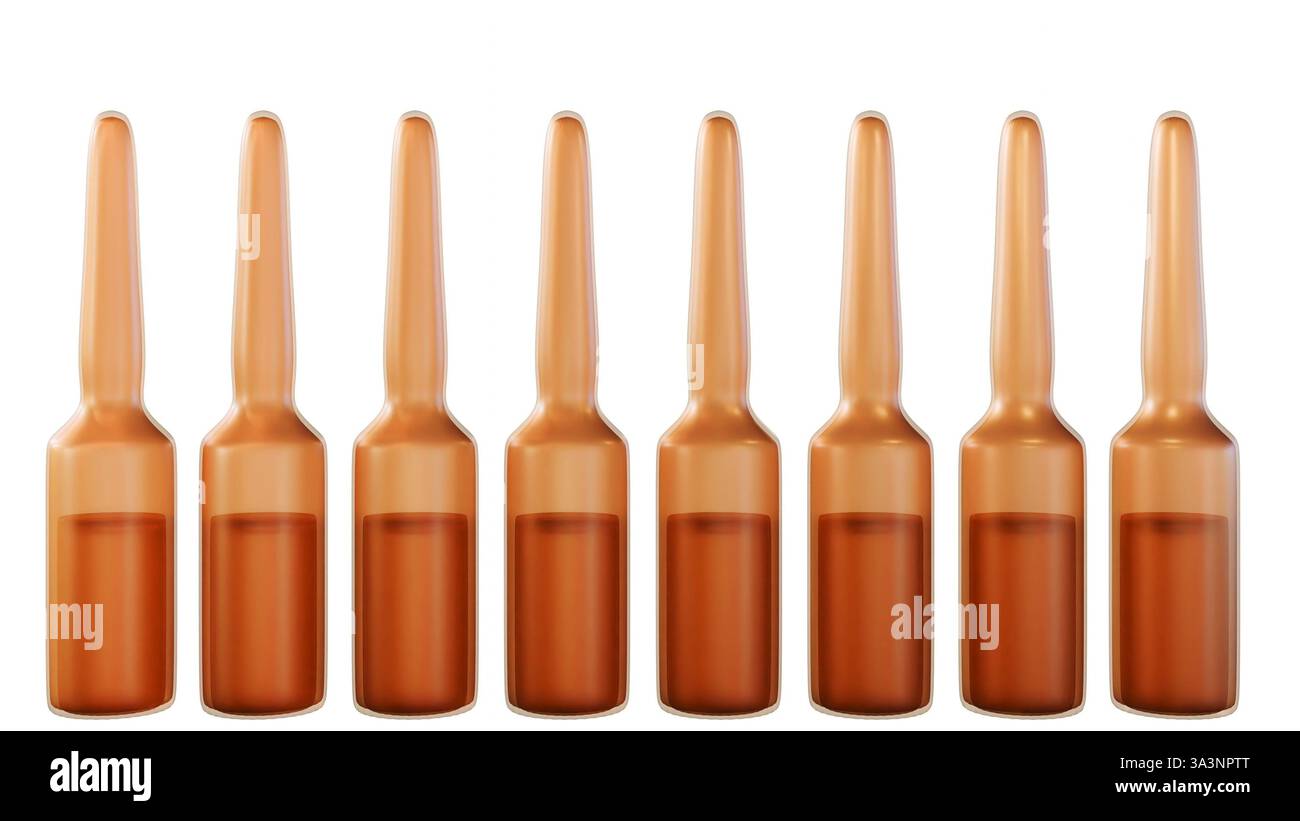 A 3d rendering of amber glass ampules against a light, neutral ...