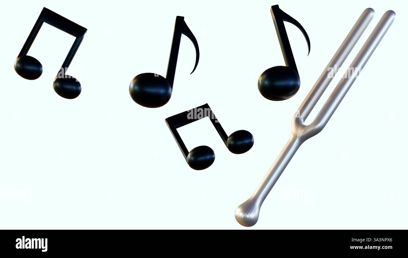A 3d rendering of tuning fork and floating black musical notes in the ...