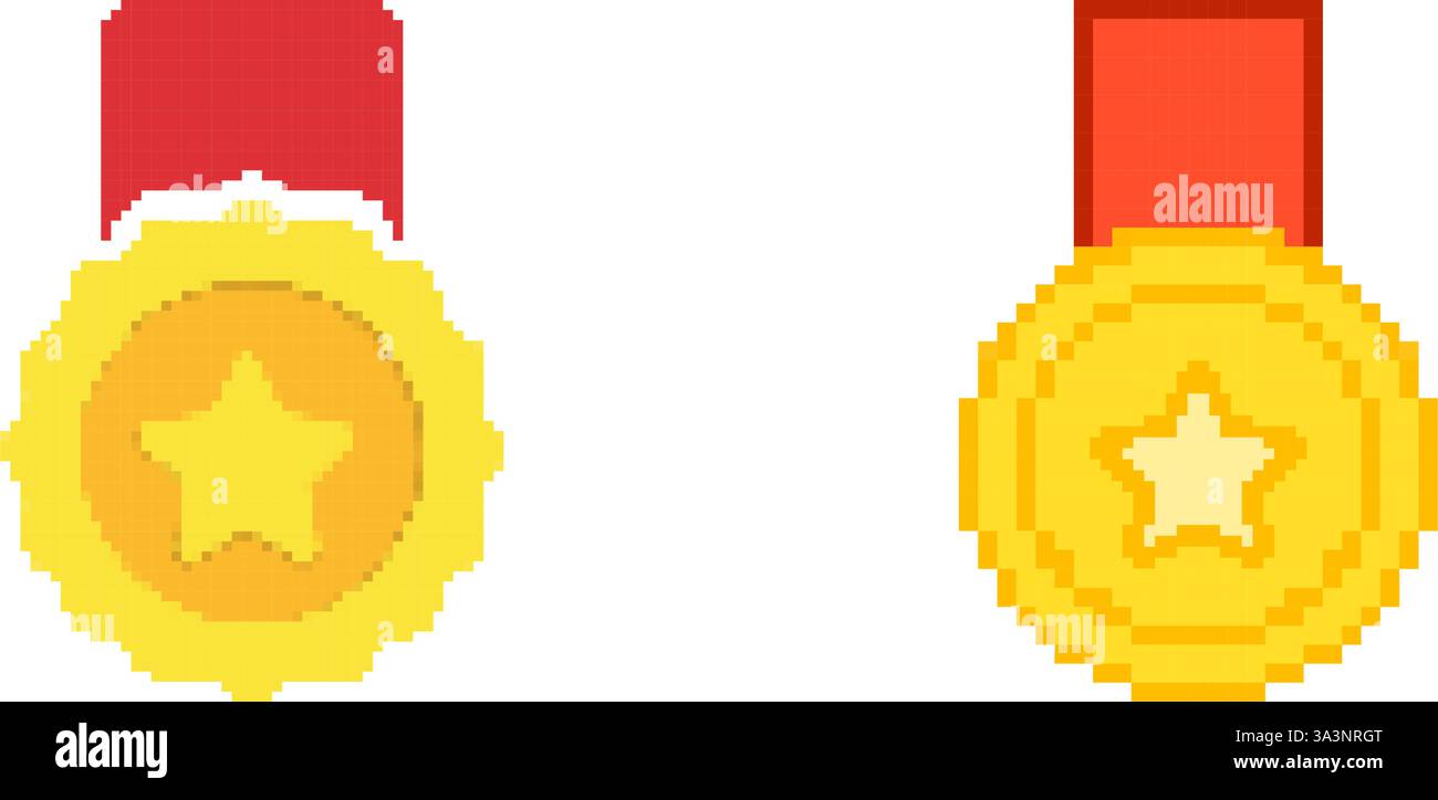 Golden Medal With Star Pixelated Icon Set. Pixel Art Symbol Collection Of Awards And ...