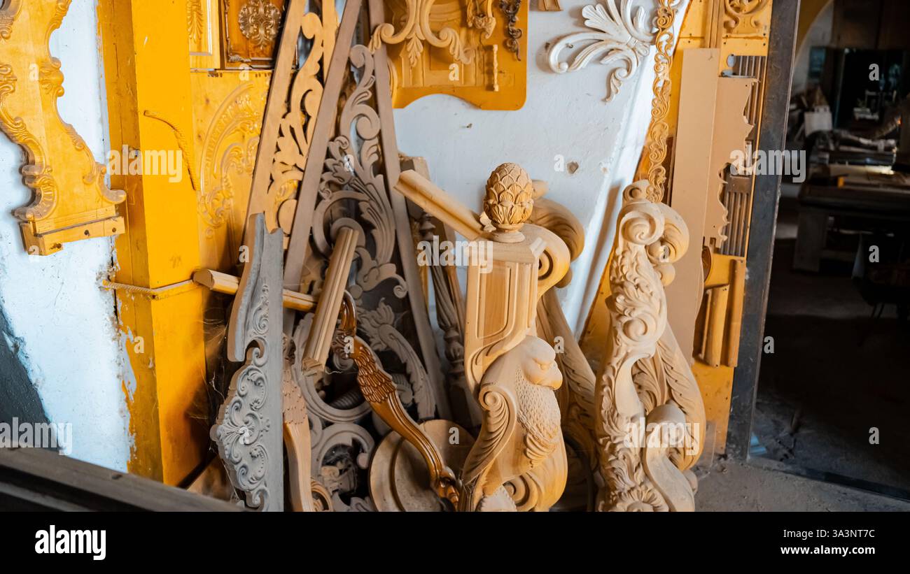 carving element. furniture in classic style. white color wood with gold ...
