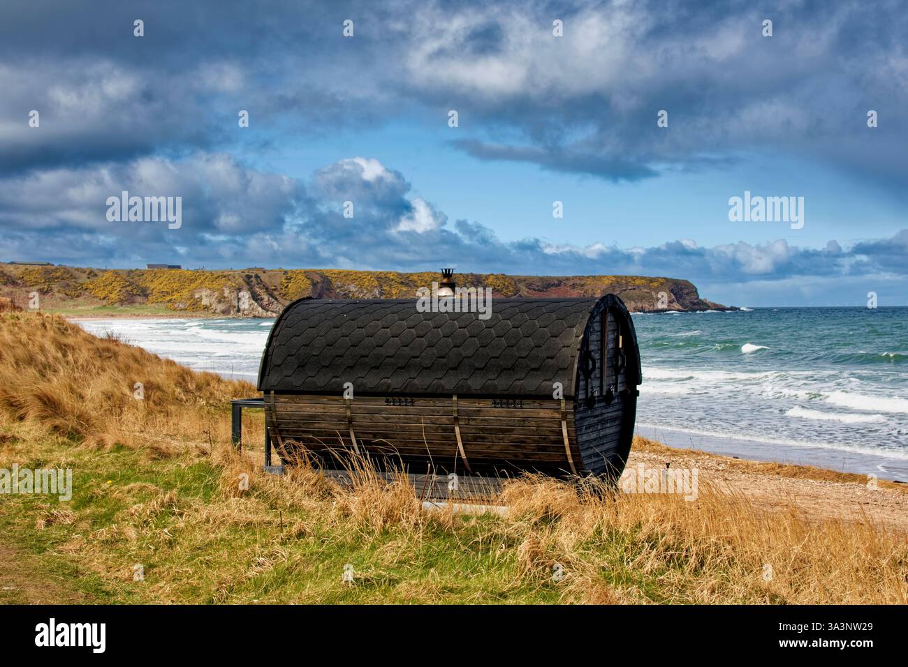 Cullen Bay Moray Scotland sunshine on grasses and a barrel shaped ...